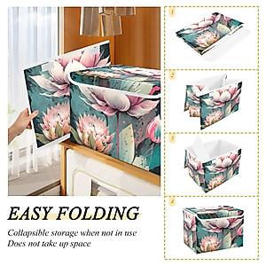 Vnurnrn Collapsible Storage Bin with Lid (Beautiful Lotus), Foldable Storage Boxes Cube with Lid for Clothes Toys 16.5×12.6×11.8 Inch