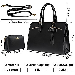 MATEIN 14 Inch Laptop Bag for Women, Lightweight PU Leather Computer Briefcase, Ladies Business Office Work Bag with USB Charging Port, Fashion Waterproof Shoulder Bag Handbags Purse 2pcs Set, Black