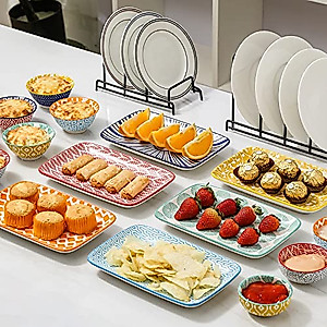 KitchenTour Rectangular Serving Platter, 8 inch Ceramic Dinner Plates Serving Trays Set of 6 for Salad, Appetizers, Sushi, Fruit, Microwave and Dishwasher Safe