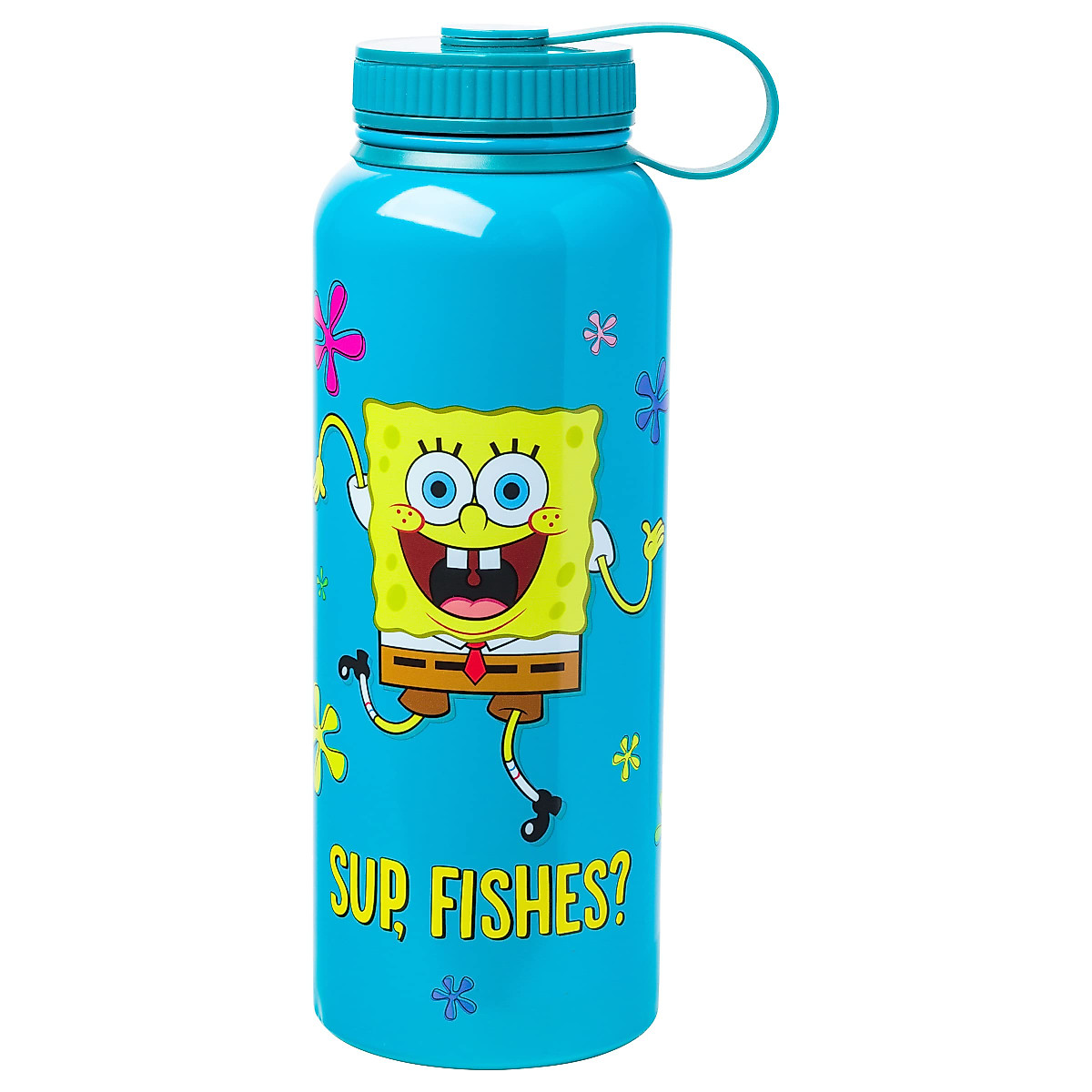 Silver Buffalo Spongebob Sup Fishes Stainless Steel Water Bottle With Twist Lid, 42 Ounces