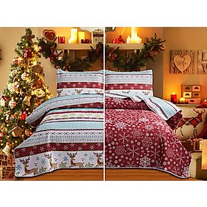 Jessy Home Christmas Bedding Set Queen Size Christmas Quilt Bedspread Xmas Reversible Christmas Coverlet Rustic Lodge Deer Snowflake Cabin Home Holiday Decor Christmas
