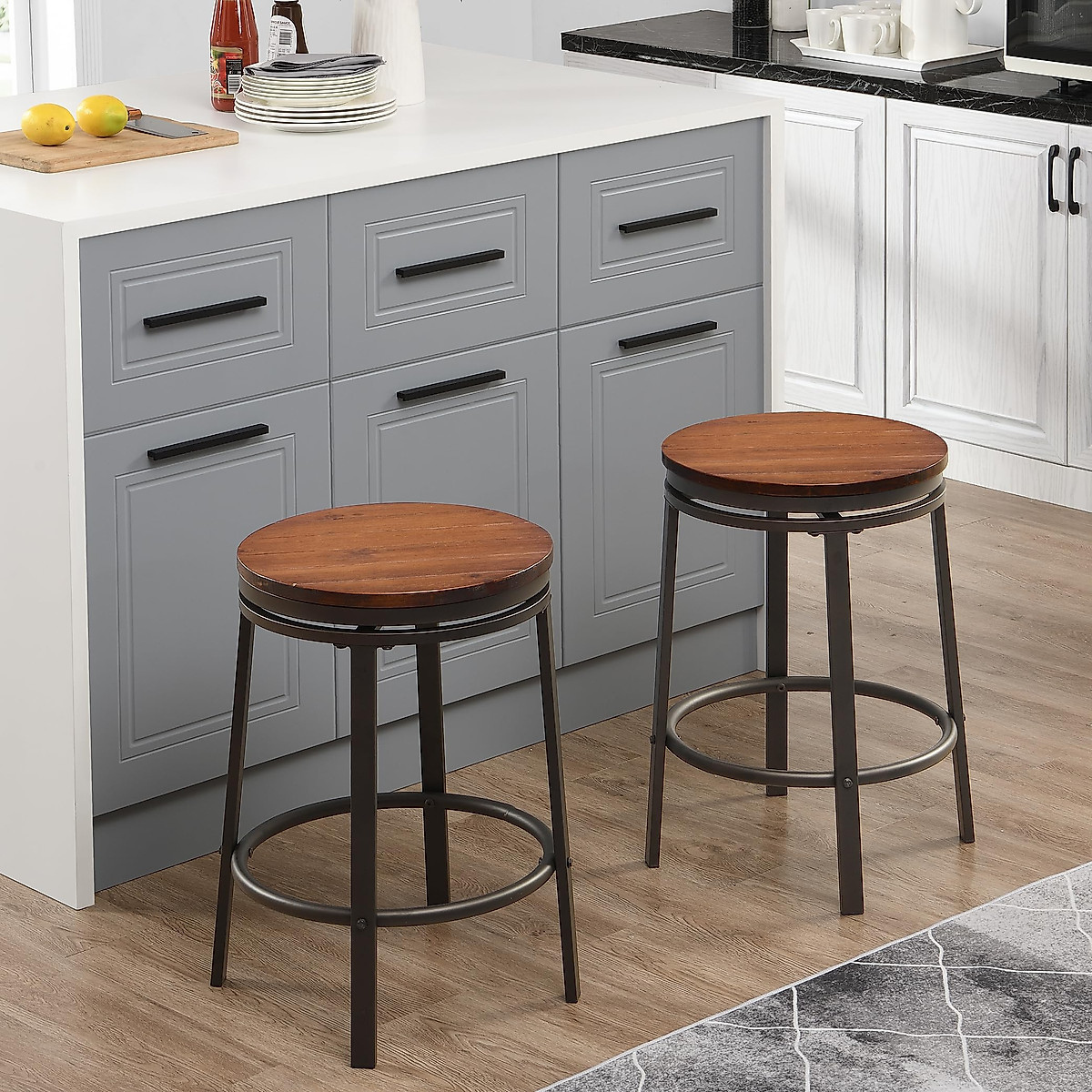 O&K FURNITURE 24-Inch Backless Swivel Bar Stools Counter Height, Industrial Stools for Kitchen Counter, Wood and Metal Bar Stool Chairs Set of 2, Dark Brown