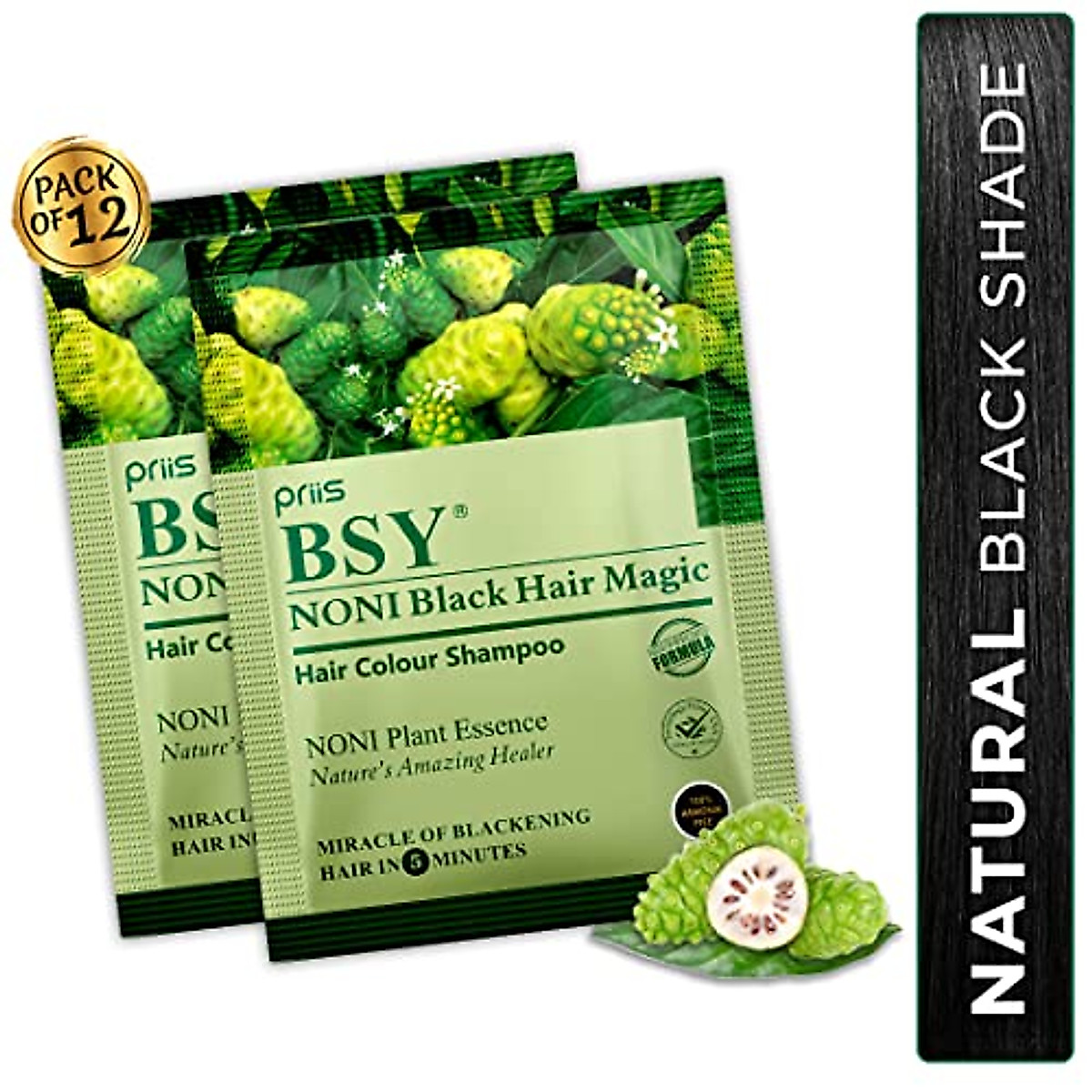 BSY Noni Black Hair Magic Shampoo | Hair Color | 10 Mins Ammonia-Free Shampoo-Based Hair Dye | 20ml X 12
