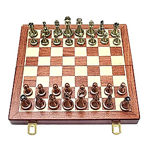 Large Metal Deluxe Chess Retro Copper Plated Alloy Chess Adult Set Board Game Portable Wooden Box Storage Folding, 2 Players Chess Set
