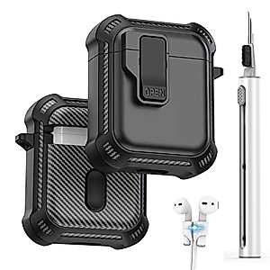 Polislime AirPods Case Cover with Cleaner kit & Magnetic Anti-Lost Straps,Secure Lock Clip with Carbon Fiber Protection Design Case Shell for Apple Airpod Case 2nd &1st Generation -【5 in 1】 Black