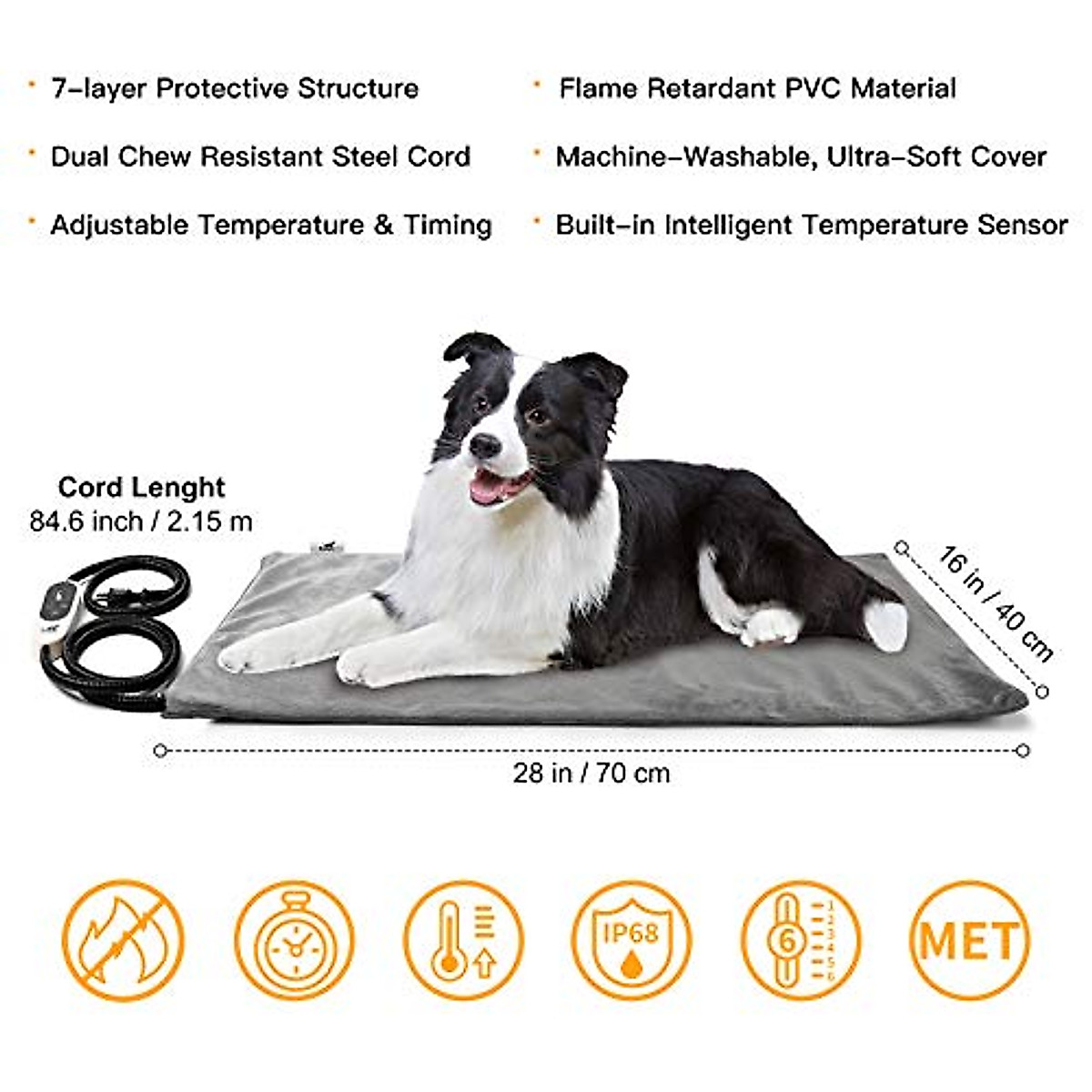 Toozey Pet Heating Pad, 6 Adjustable Temperature Dog Cat Heating Pad with Timer, Indoor Pet Heating Pads for Cats Dogs with Chew Resistant Cord, Electric Pads for Dogs Cats, Pet Heated Mat