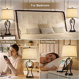 Luvkczc Vintage Clock Lamp, Black Metal with USB Charging Ports, LED Bulbs Included, 3-Year Warranty