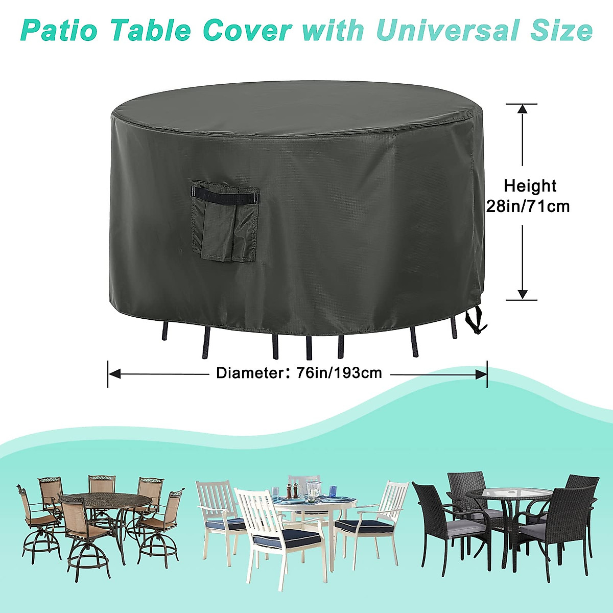 ABCCANOPY Table Cover Round Table Cover Outdoor Furniture Cover Furniture Waterproof and Dustproof Windproof Tear Resistance UV Resistance Universal Furniture Table Cover 76Dx28 Inches Grey