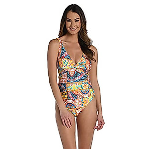 La Blanca Women's Standard Over The Shoulder Tankini Swimsuit Top, Multi//Soleil, 16