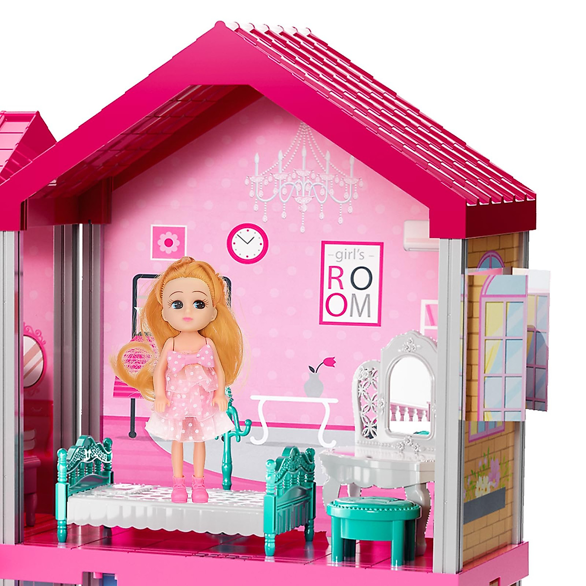 TEMI Villa Toys for 3 4 5 6 7 8 Years Old Girls - 2 Storeys 4 Rooms, Indoor Playset with 2 Dolls Toy Figures, Toys Furniture and Accessories, Pretend Girls Plays, Building Toys, Gifts Toy