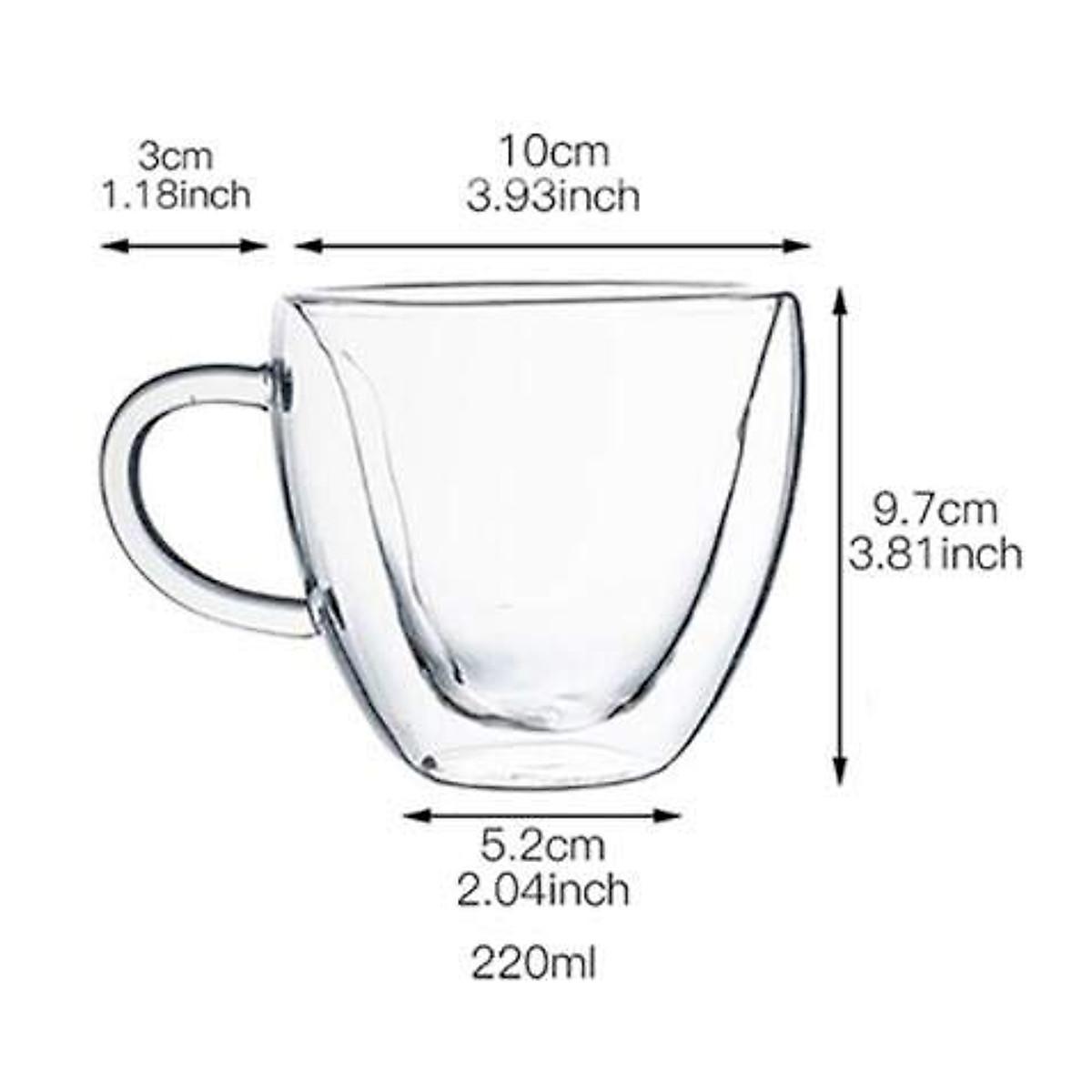 Anjiyoyo Heart Shaped Double Walled Insulated Glass Coffee Mugs or Tea Cups, Double Wall Glass 8 oz, Clear, Unique & Insulated with Handle