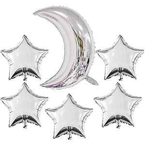Silver Moon Shaped Foil Mylar Balloons Silver Star Shape Foil Mylar Balloons Pentagram Balloon 36Inch&18Inch Baby Shower Bridal Shower Engagement Birthday Party Wedding Anniversary Decoration
