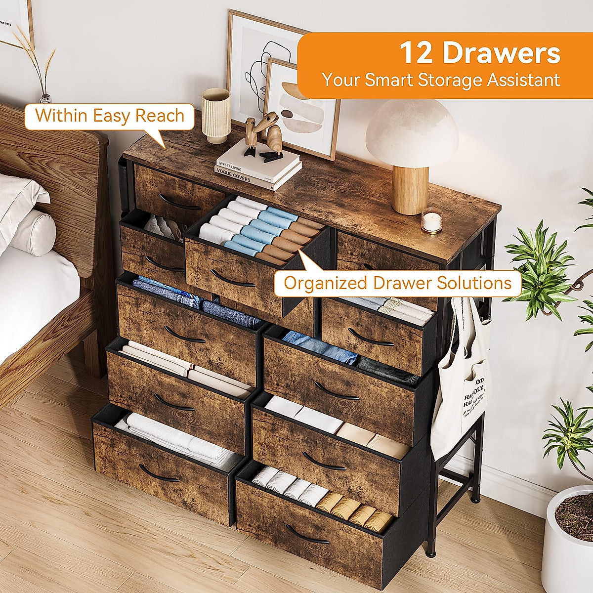 12 Dresser for Bedroom, Chest of Drawers for Bedroom with Side Pockets and Hooks, Fabric Storage Dresser, Sturdy Steel Frame, Wood Top, Easy Pull Handle (Rustic Brown)