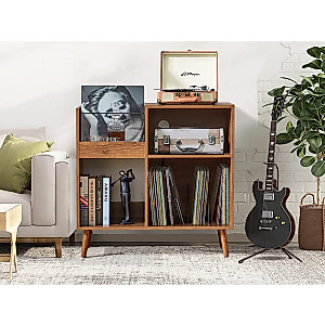 Wirrytor Vinyl Record Storage Cabinet with Power Outlet,Record Player Stand,Record Player Table Holds up to 250 Albums,Turntable Stand Display Shelf with Wood Legs for Living Room Bedroom,Walnut Brown