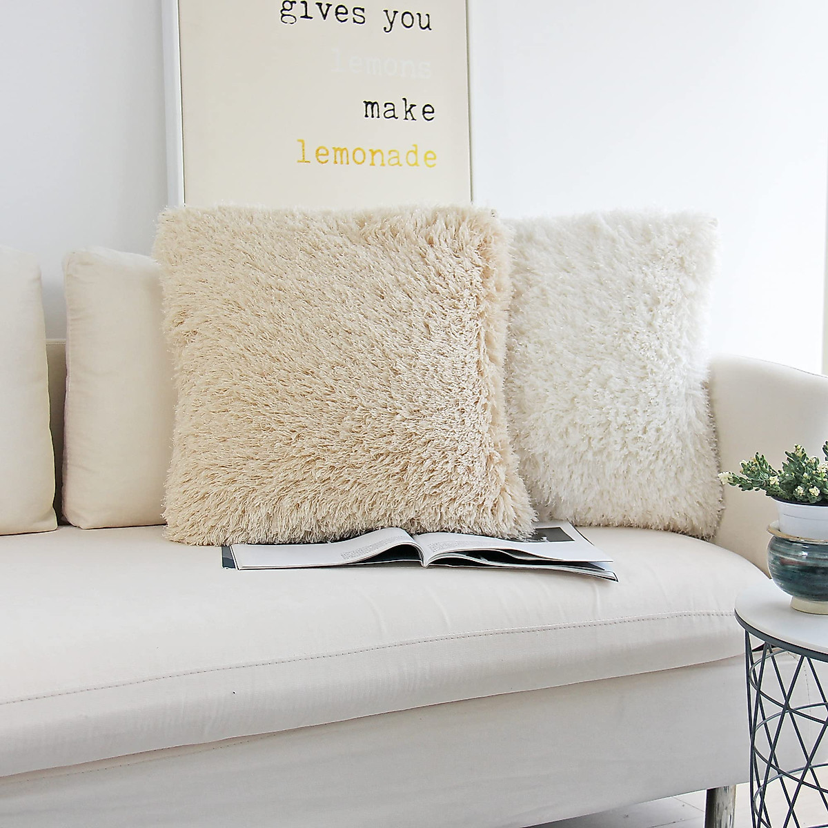 JOJUSIS Fluffy Decorative Throw Pillows Covers 18x18 Inch Luxury Soft Faux Fur Fleece Cushion Cover Pillowcase Pack of 2 Beige