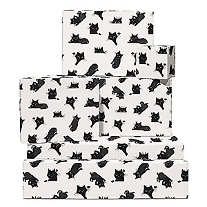 CENTRAL 23 Cat Wrapping Paper - 6 Sheets of Birthday Gift Wrap with Tags - Black Cat - White Wrapping Paper for Men & Women - Animal Gift Wrap for Kids Boys Girls - Fur Parent, Cat Mom or Dad