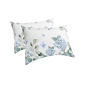 Eucalyptus Hydrangea Pillow Covers Standard Size Set of 2 Bed Pillow, Watercolor Flowers Rustic Chic Plant Plush Soft Comfort for Hair/ Skin Cooling Pillowcases with Envelop Closure 20x26 Inches
