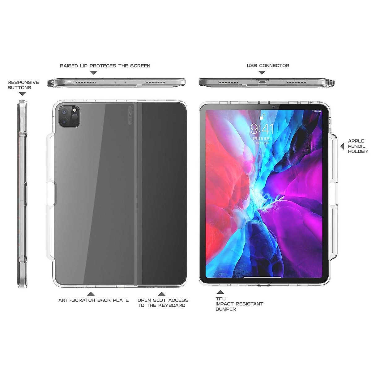 i-Blason Halo Series Case for New iPad Pro 12.9 Inch (2020/2018 Release), [ONLY for use with Smart Keyboard Folio; Compatible with Official Smart Folio] Clear Protective Case with Pencil Holder, Black