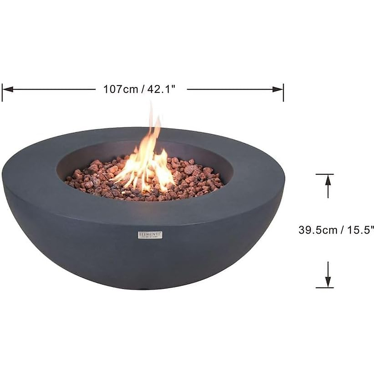 AMS Fireplace Elementi Lunar Bowl Cast Concrete Fire Table Bundle, Outdoor Fire Pit Fire TablePatio Furniture, Dark Gray (Natural Gas)