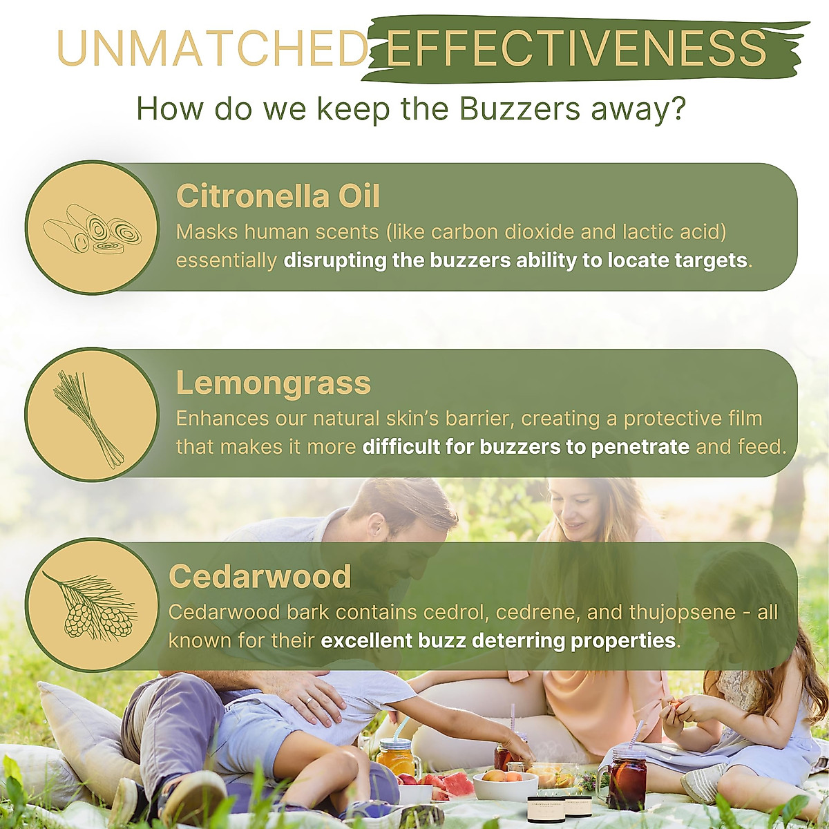 BUZZ DEFENDER 14oz Citronella Candles Outdoor - 100% Natural & Highly Effective 3 Wick Citronella Candles Outdoor - Large Citronella Candle Outdoor - Outdoor Citronella Candles for Patio | 2 Pack, 64h