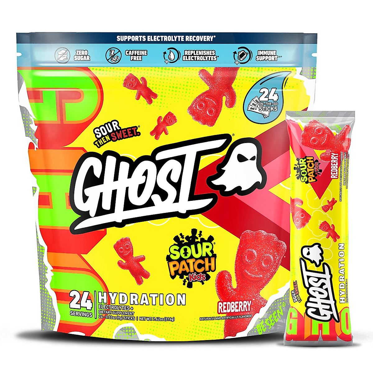GHOST Hydration Packets, Sour Patch Kids Redberry, 24 Sticks, Electrolyte Powder - Drink Mix Supplement with Magnesium, Potassium, Calcium, Vitamin C - Vegan, Free of Soy, Sugar & Gluten