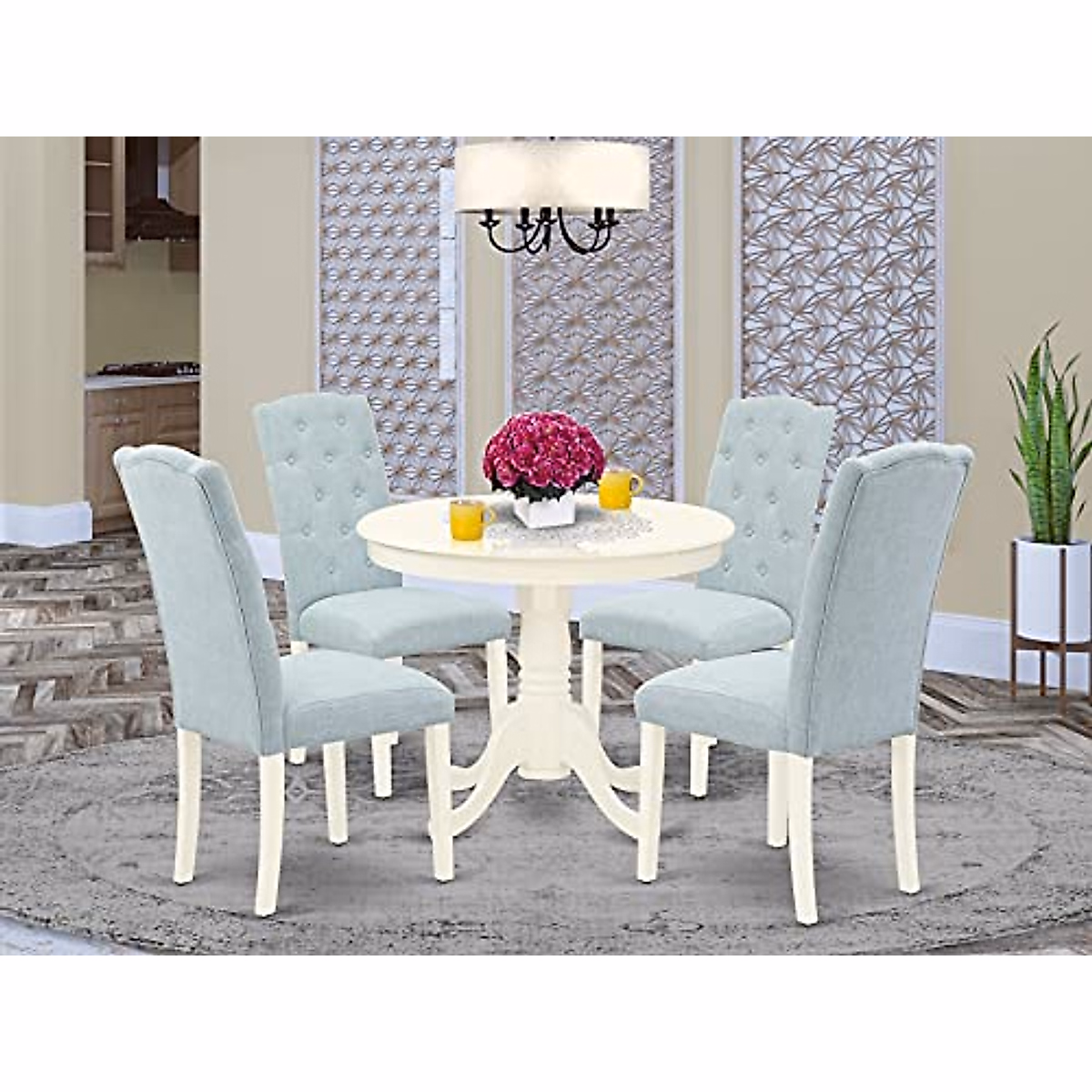 East West Furniture ANCE5-LWH-15 5Pc Dining Set Includes a Small Round Dinette Table and Four Parson Chairs with Baby Blue Fabric, Linen White Finish