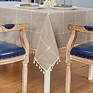 Mebakuk Rectangle Table Cloth Checkered Farmhouse Tassel Tablecloth Wrinkle Free and Washable Decorative Embroidered Fabric Table Cover for Kitchen (Oblong 55" x 86" (6-8 Seats), Coffee Grid)