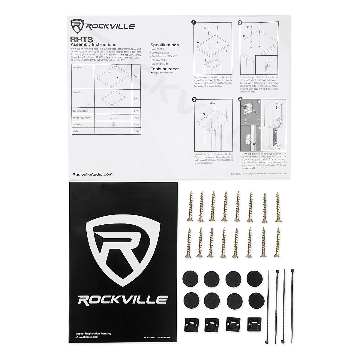 Rockville 2 RHT8B Computer/Bookshelf Desktop Speaker/Studio Monitor Stands-Black