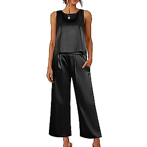 Ekouaer Women's Satin Silk Pajama Cami Sleeveless Lounge Set Soft Pj Set Long Pant Sleep Set Black M