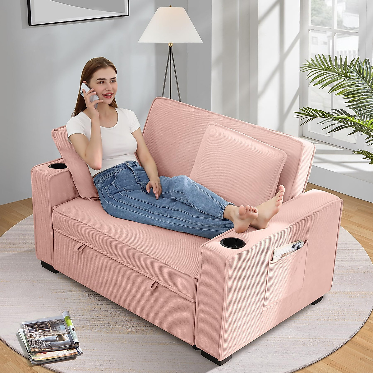SEJOV 52" Convertible Sofa Bed, 3-in-1 Sleeper Sofa Pull-Out Bed, Multi-Functional Corduroy Futon Couch with Adjustable Backrest and Cup Holders, Loveseat Sofa for Small Space, Living Room, Pink
