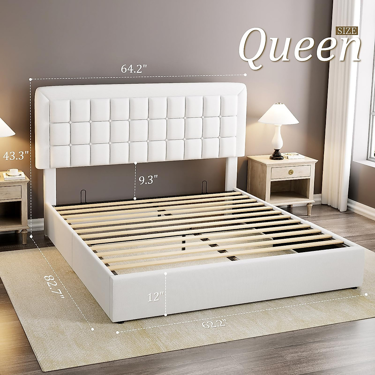 Jocisland Queen Size Bed Frame with Lift Up Under Bed Storage Upholstered Platform Bed with Headboard/No Box Spring Needed/White