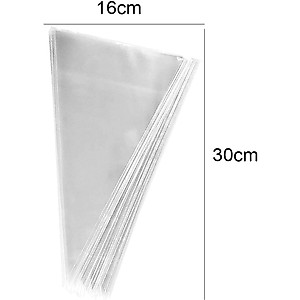 100 Pieces Christmas Medium Transparent Cone Bags Cello Bags Sweet Clear Treat Bags with 100 Pieces Twist Ties, 11.8 x 6.3 Inch (Golden Twist Ties)