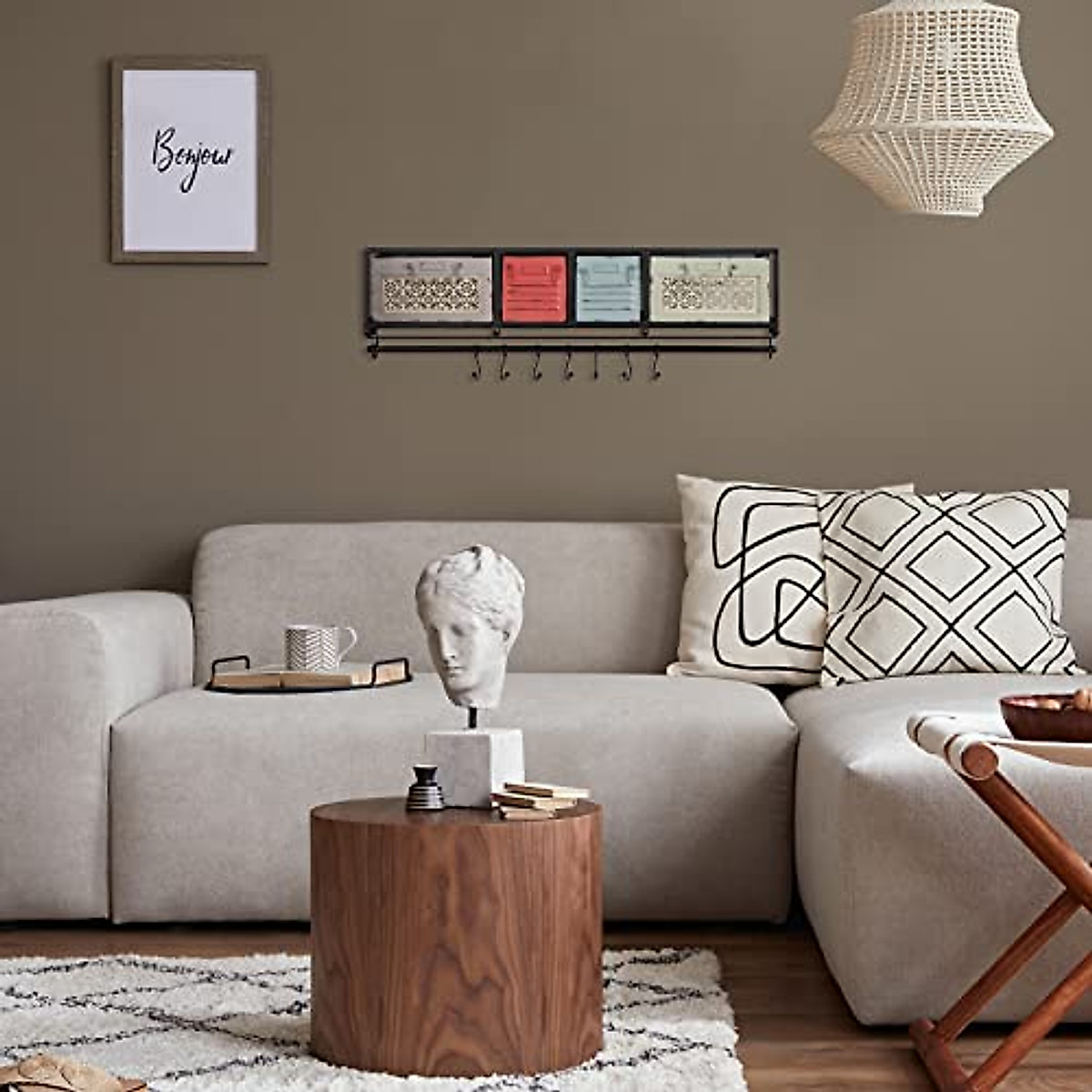 AcozyHom Metal Wall Mounted Coat Rack with Hooks and 4 Drawers, 30.3"(L) x6.7(W) x11.8(H), Home Entryway Wall Hanging Shelf, Iron Storage and Display Organizer for Coats, Hats, Keys, Cups, Colorful