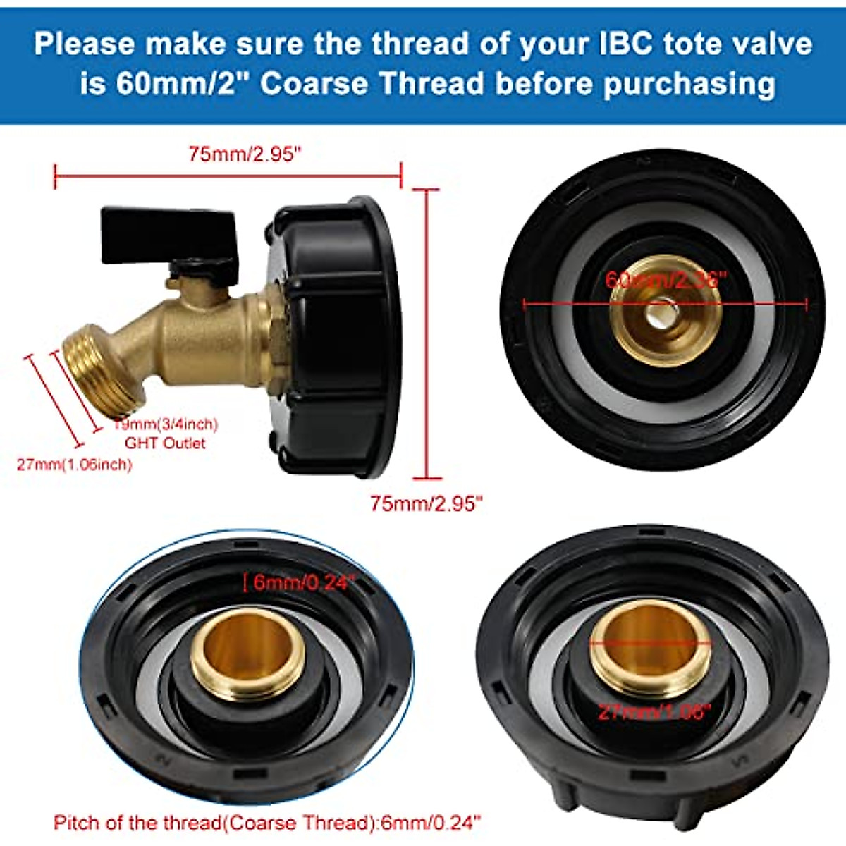 275-330 Gallon Tote Water Tank Adapter 2" Coarse Thread (Not Fine Thread! Coarse Thread Common On European IBC) Brass Hose Faucet Valve Garden Hose Connector Replacement IBC Tote Valve Fitting Parts