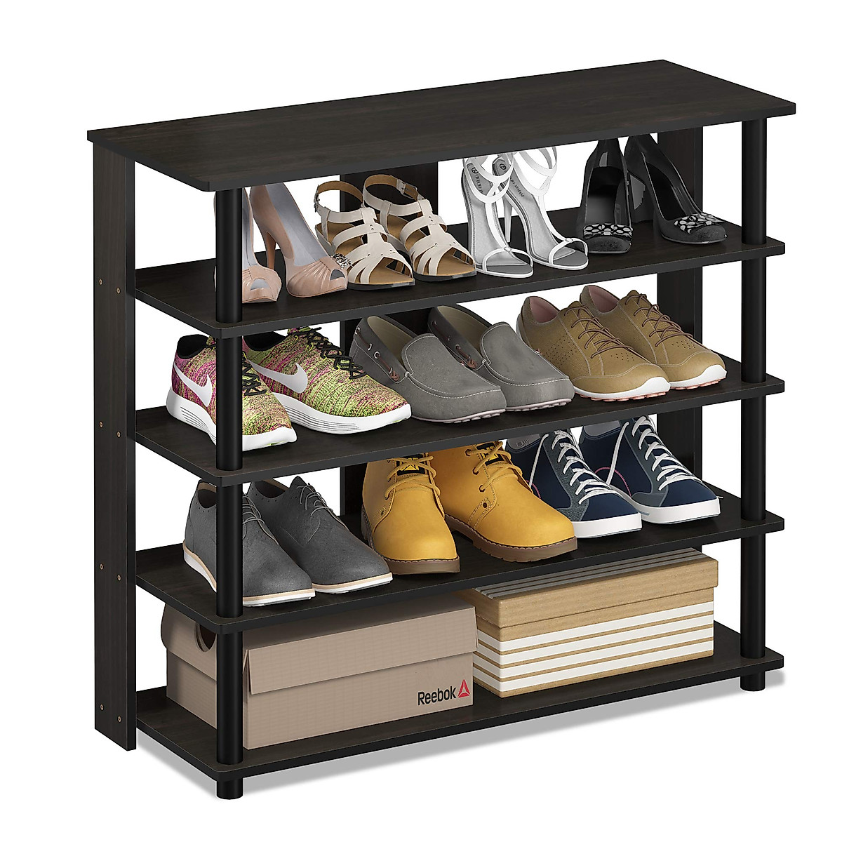 Furinno Turn-N-Tube 5 Tier Wide Shoe Rack, Espresso/Black 32 Inch