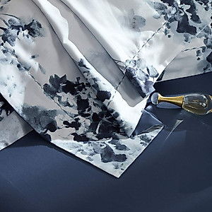 MILDLY 100% Long Staple Cotton Duvet Cover Set Navy Blue Leaves Printed Comforter Cover Set Watercolor Plant Floral