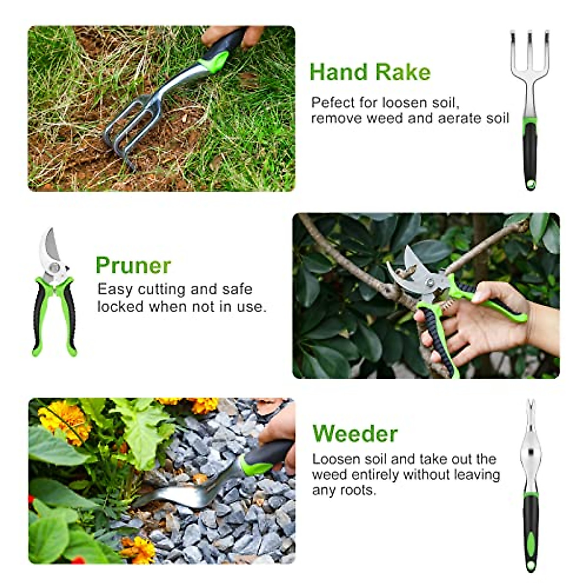 Mr Rabbi Garden Tools Set, 11 Piece Heavy Duty Gardening Tools for Gardening with Non-Slip Rubber Grip, Outdoor Hand Tools, Storage Tote Bag, Aluminum Garden Kit, Gardening Gifts for Men Women