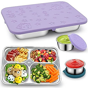 Bento Lunch Box Stainless Steel Lunch Container for Kids,Reusable 4 Compartments Metal Lunch Boxes Leakproof Food Meal Prep Lunch Containers for Kids,2P Dip Containers,Dishwasher,Freezer Safe,BPA-Free