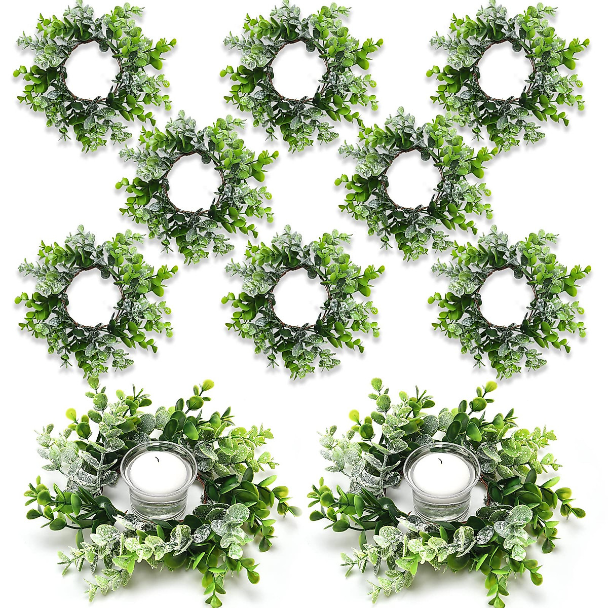 Jexine 8 Pieces Christmas Candle Rings Mini Candle Wreaths Center Candle Ring Artificial Wreath for Christmas Window Table Pillars Farmhouse Decoration Wedding Party Table Home Decor(Eucalyptus)