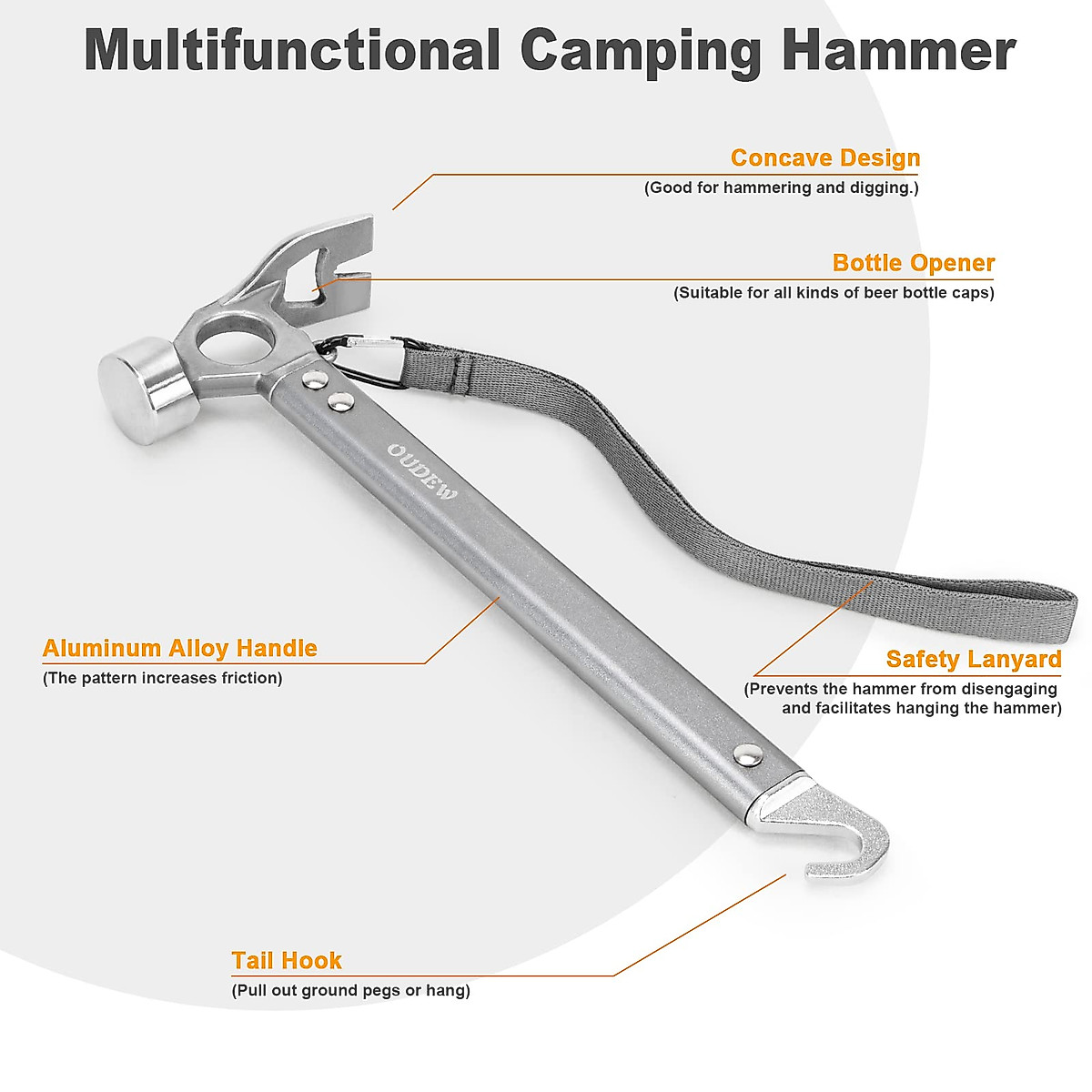 OUDEW Tent Stakes and Hammer Set,10pcs 10 in Heavy Duty Metal Tent Stakes + 12in Camping Hammer + Reflective Camping Rope + Storage Bag,Camping Accessories for Ground,Camp and Graden(Black)