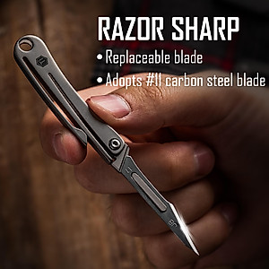 KeyUnity KK07 Mini Titanium Scalpel Knife with #11 Replaceable Blades, EDC Utility Folding Knife with Pocket Clip, for Outdoor Hunting, Camping, Fishing, Hiking