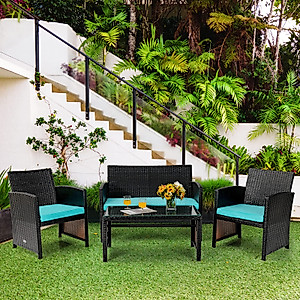 Tangkula 4 Pieces Rattan Furniture Set, Outdoor Conversation Set w/Chair & Loveseat & Tempered Glass Coffee Table, Suitable for Garden, Backyard, Poolside, Patio Furniture Set for 4 (1, Turquoise)