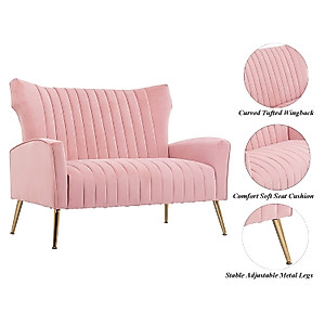 Altrobene Velvet Couch Modern Wingback Loveseat Tufted Luxury Sofa with Gold Legs for Living Room/Bedroom, Light Pink