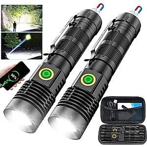 Flashlights High Lumens Rechargeable(Battery Included), 20000 Lumens Super Bright Powerful Small Magnetic Flashlight, 6 Mode, Zoomable, Waterproof, Handheld Flashlight for Camping Hiking 2 Pack