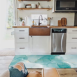 ZOE GARDEN 2 Pcs Kitchen Rug Set, Marble Aqua Non-Slip Kitchen Mats and Rugs Comfort Floor Door Mat Doormat, Long Throw Bath Runner Rug Mat Gradient Gold Aesthetics Abstract Minimalist Art