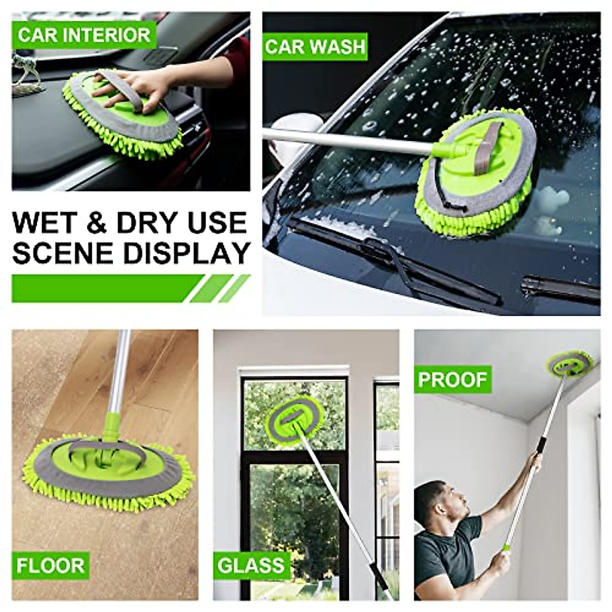 Ordenado 62&quot; Car Wash Brush Kit Mitt Mop Sponge with Long Handle Chenille Microfiber Car Cleaning Brush Kit Supplies Car Washing Mop Kit Car Care Kit of Scratch-Free Replacement Head for Car RV Truck