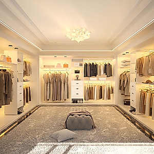 Armocity 120 Inches Closet System, 10FT Walk In Closet Organizer with 3 Shelving Towers, Heavy Duty Clothes Rack with 3 Drawers, Built-In Garment Rack, 120" L x 16" W x 75" H, Max Load 1300 LBS, White