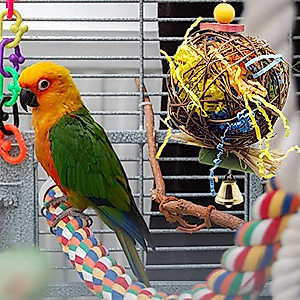 Zomine 2 Pack Hanging Bird Chewing Takraw Toys - DIY Foraging Shredder Toy Natural Bird Toy Accessories Hand Woven with Bell Easy to Install Suitable for Small or Medium Birds