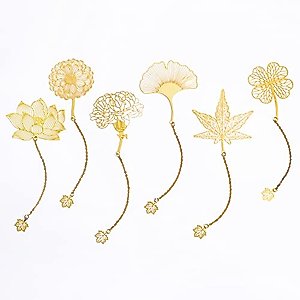 Arycki 6 Pack Metal Bookmarks with Chain,Unique Leaf Plant Gifts Bookmark,Golden Hollow Bookmark for Book Lovers,Women,Men,Writers, Readers, Children, Teens, Adults