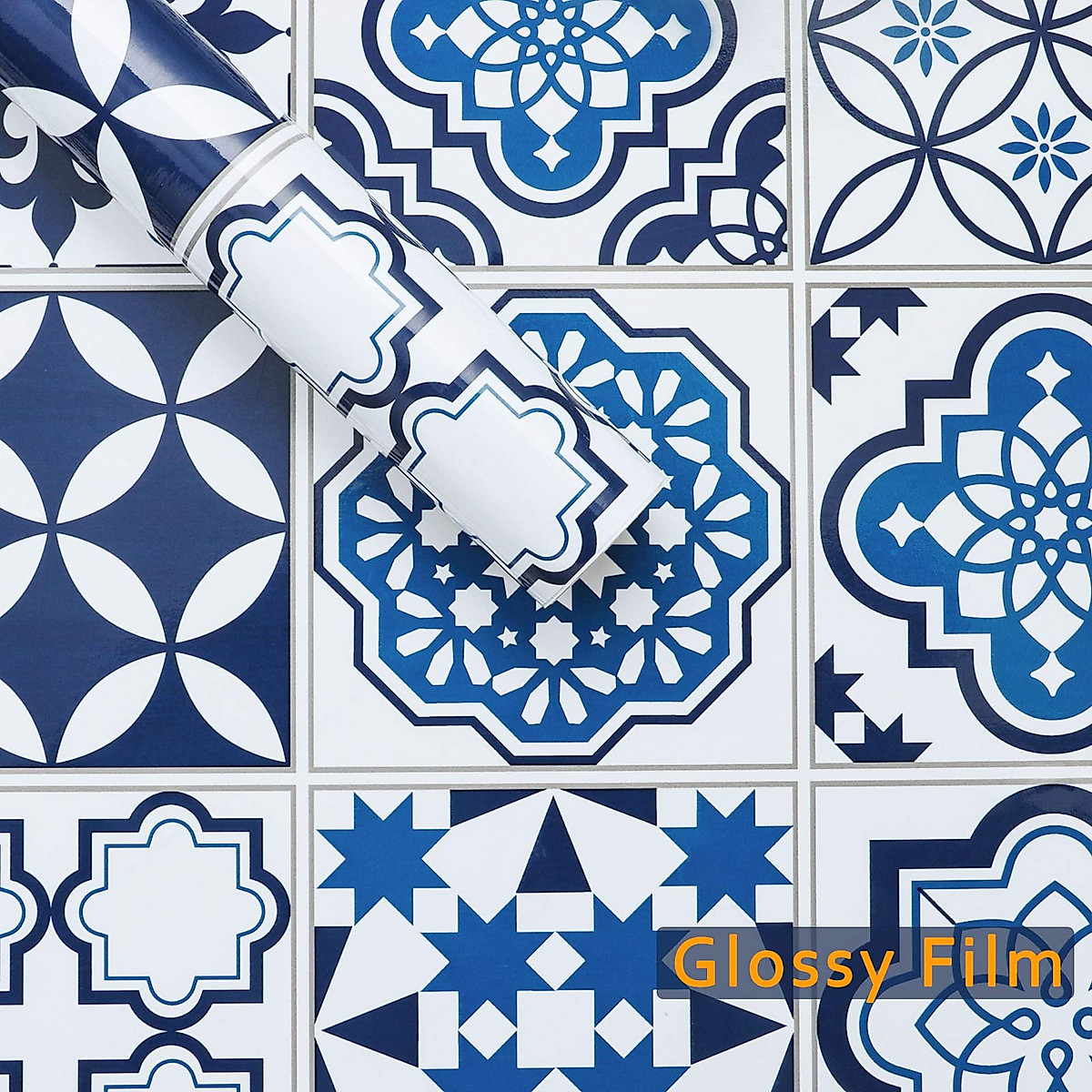 197"x 17.7"Blue Pattern Contact Paper Glossy Surface Waterproof Contact Paper Decorative Self Adhesive for Kitchen Bathroom Counters Removable Counter Paper Peel and Stick Wallpaper Easy to Clean